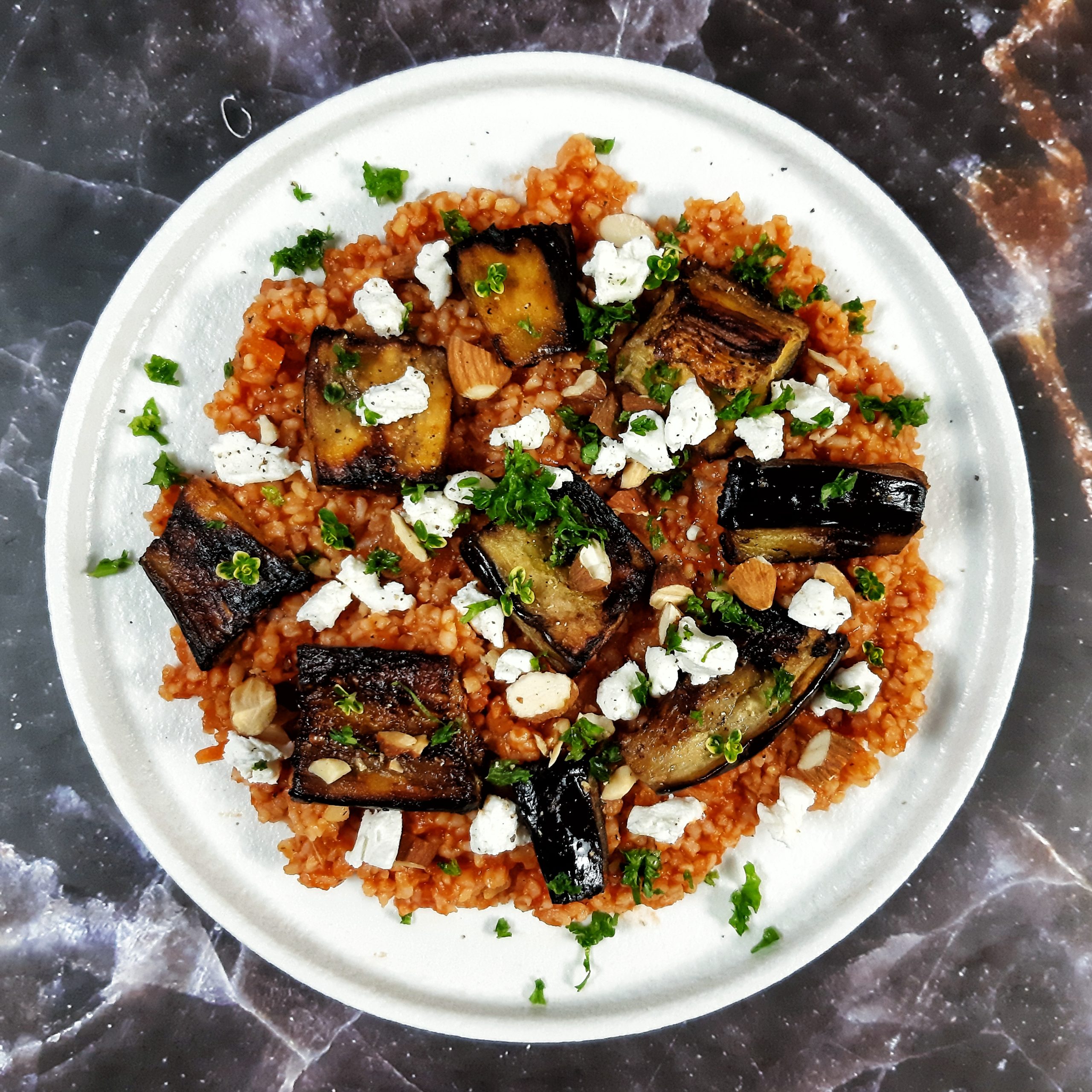 Mediterranean Bulgur Bowl with Roasted Aubergine & Goat Cheese - the ...